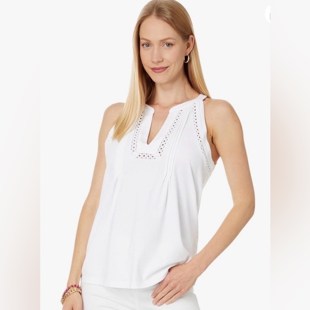 Lilly Pulitzer Isaac Knit Top Resort White Eyelet Tan… - Gem